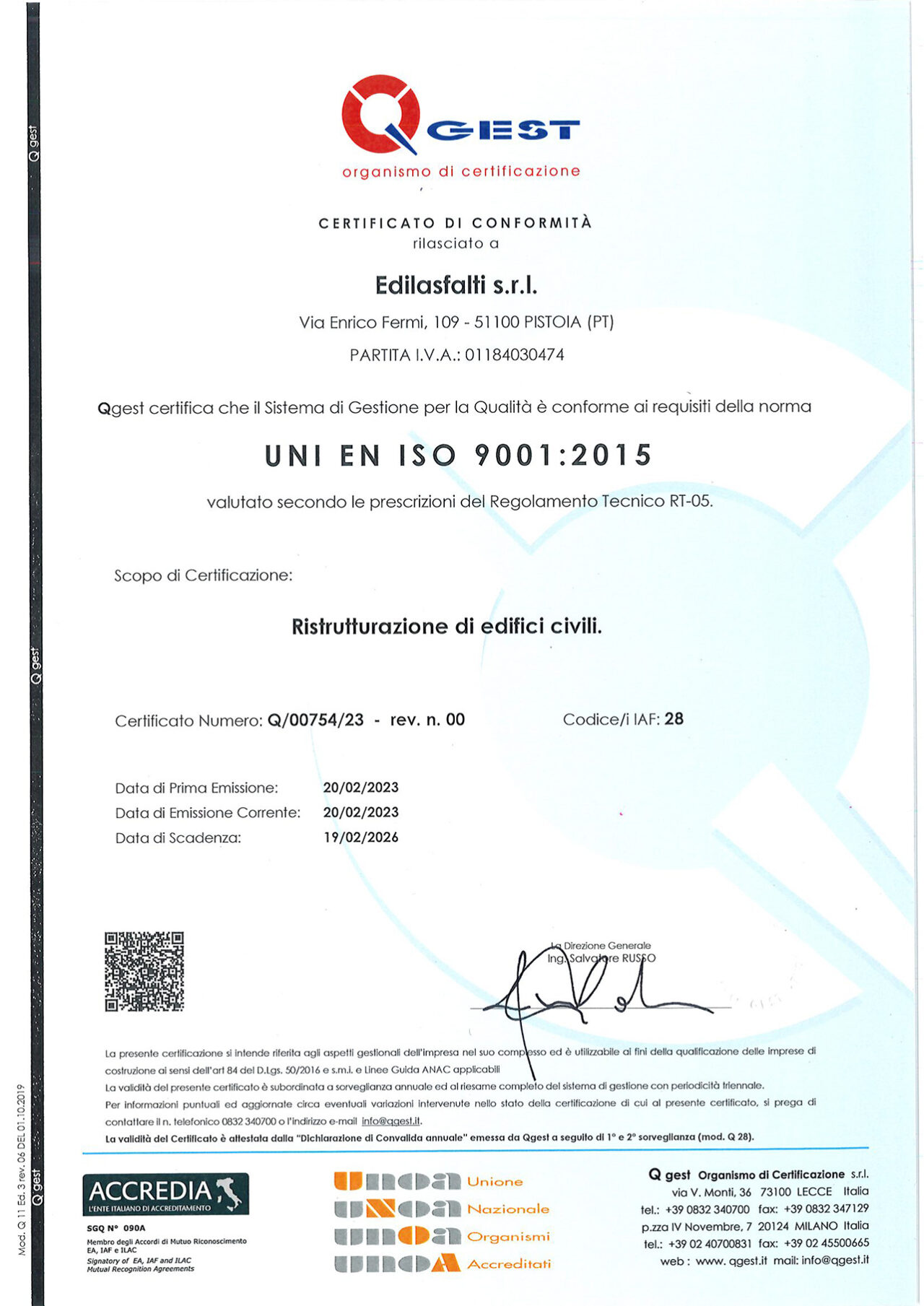 Certificato ISO 9001 | Edilasfalti Srl